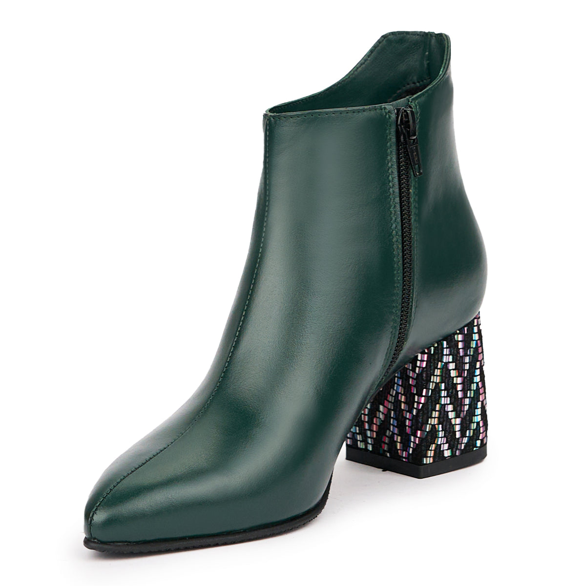 Botine dama din piele naturala verde cu toc gros 6.5 cm 14484 ...