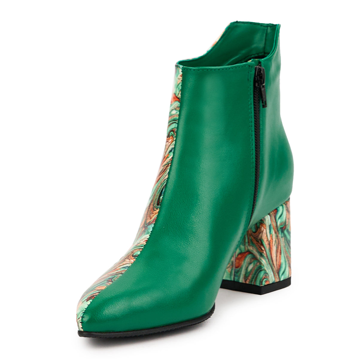 Botine dama din piele naturala verde cu toc gros 6.5 cm 14632 ...
