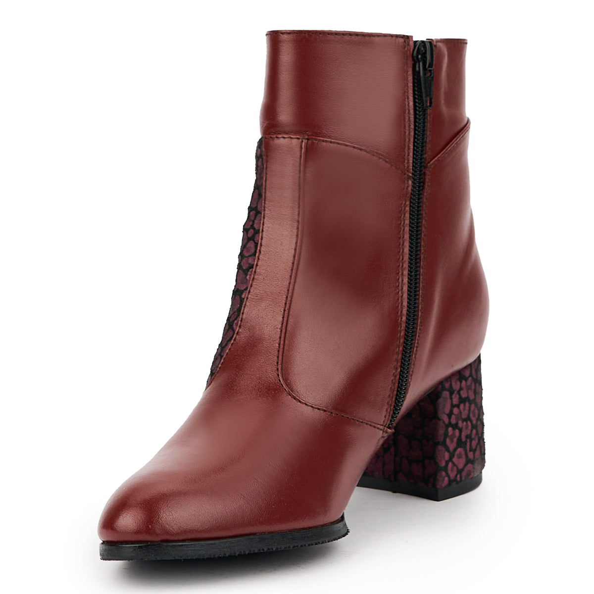 Botine dama din piele naturala visiniu cu toc gros 6 cm 14752 ...