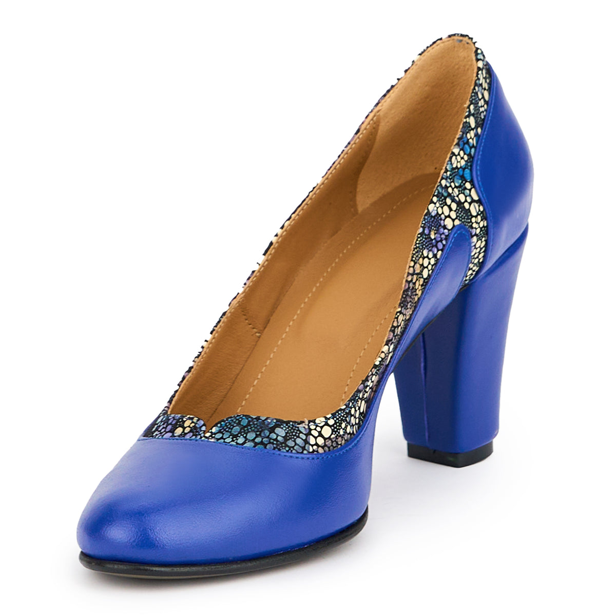 Pantofi dama din piele naturala albastra cu toc gros 8 cm 15170 ...