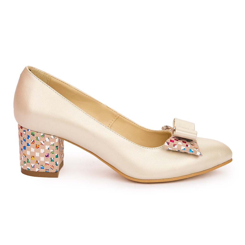Pantofi dama din piele naturala bej sidefat cu toc gros 6 cm 13800 ...