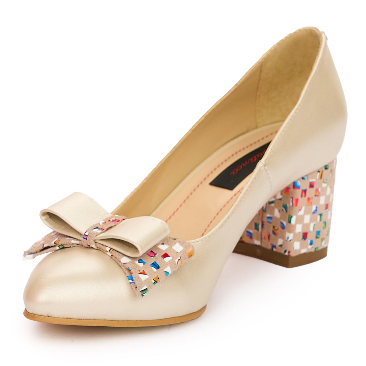 Pantofi dama din piele naturala bej sidefat cu toc gros 6 cm 13800 ...