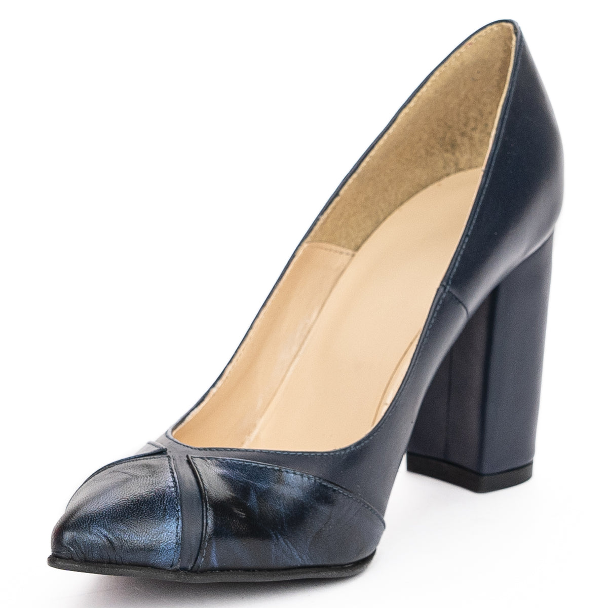 Pantofi dama din piele naturala bleumarin cu toc gros 9 cm 13938 ...