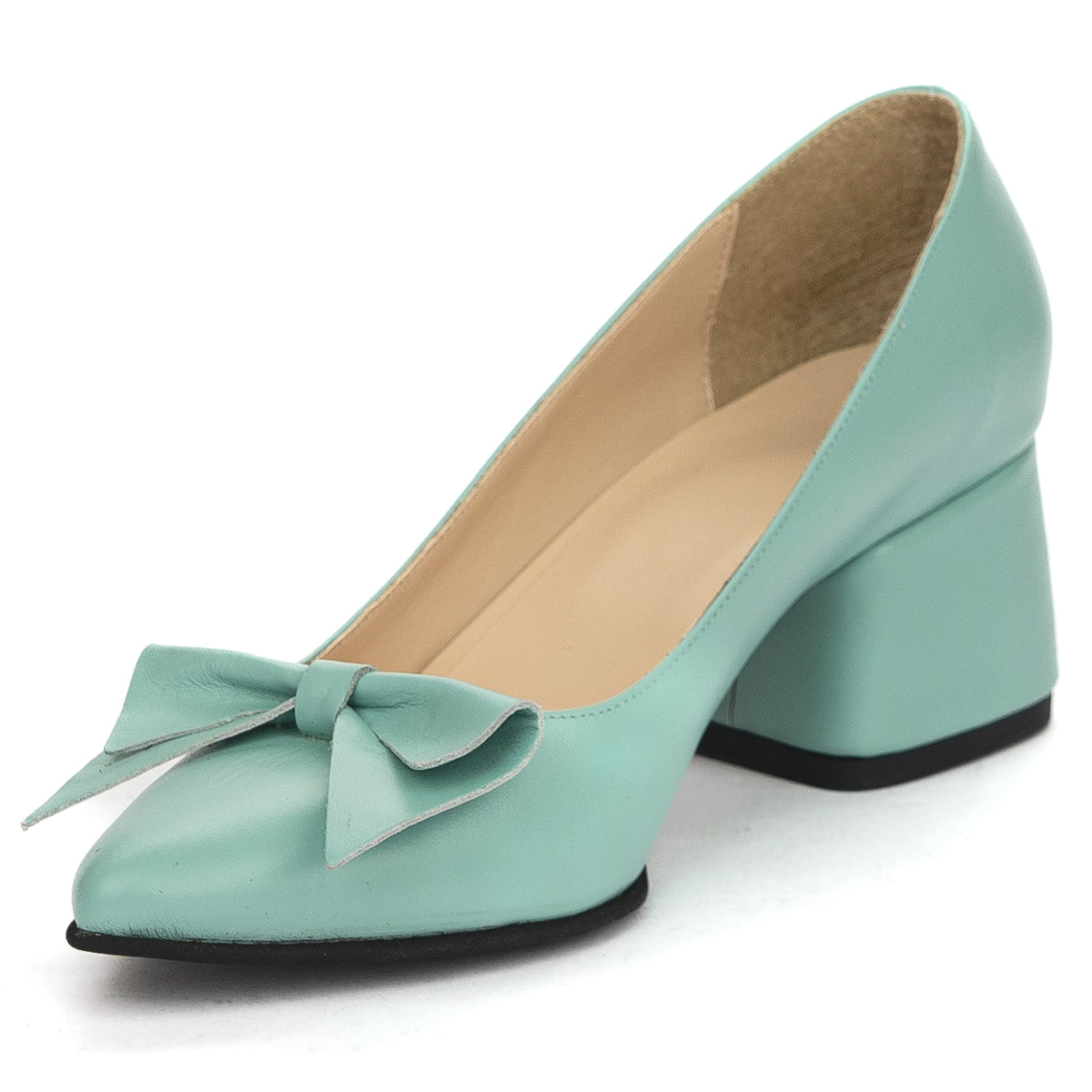 Pantofi dama din piele naturala turcoaz cu toc gros 5.5 cm 13845 ...