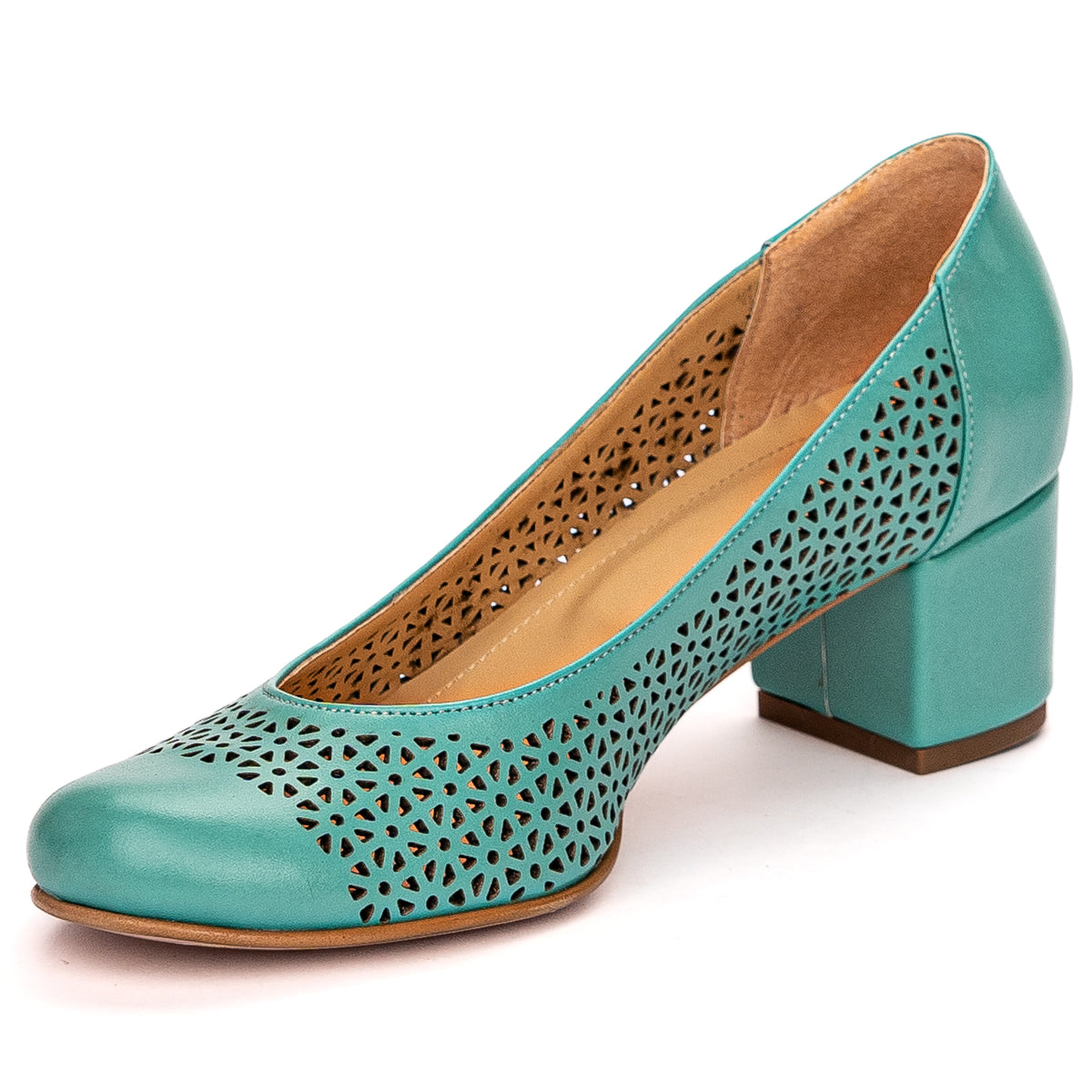 Pantofi dama din piele naturala turcoaz cu toc gros 5 cm 13651 ...