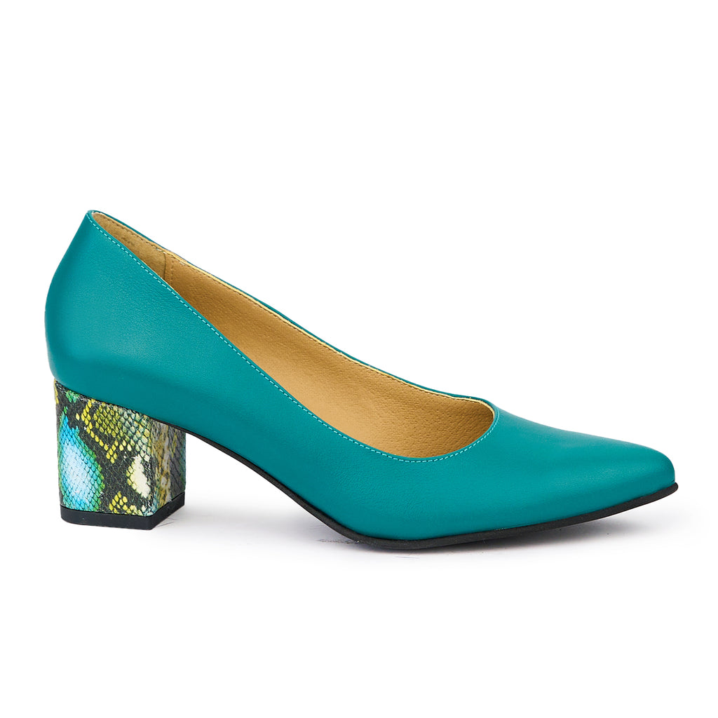 Pantofi dama din piele naturala turcoaz cu toc gros 6 cm 14474 ...