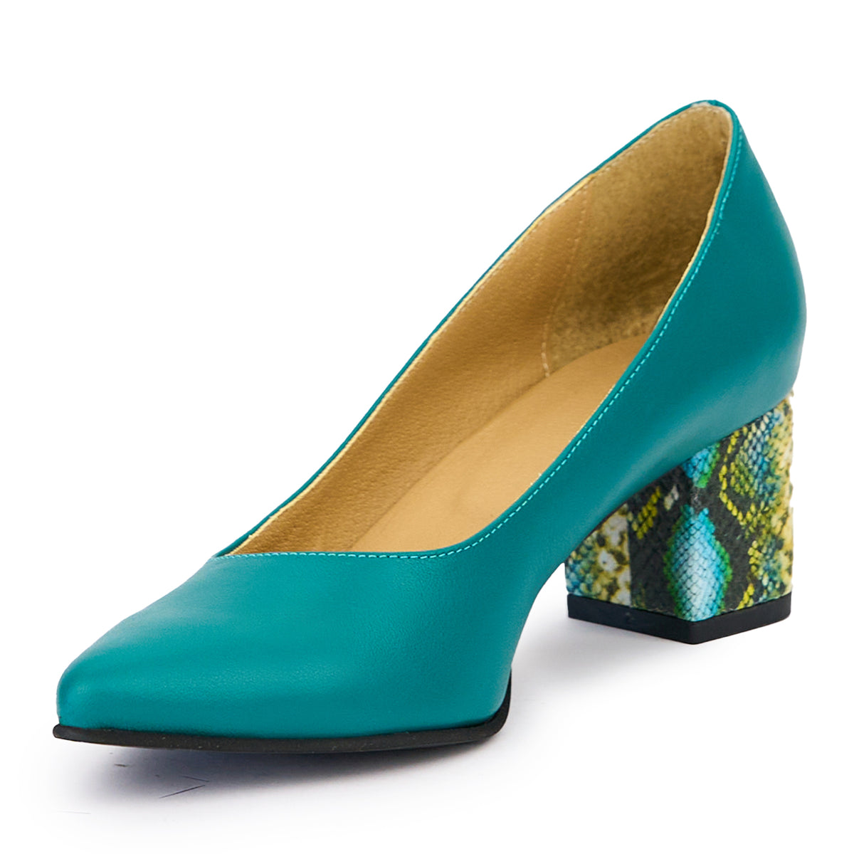 Pantofi dama din piele naturala turcoaz cu toc gros 6 cm 14474 ...