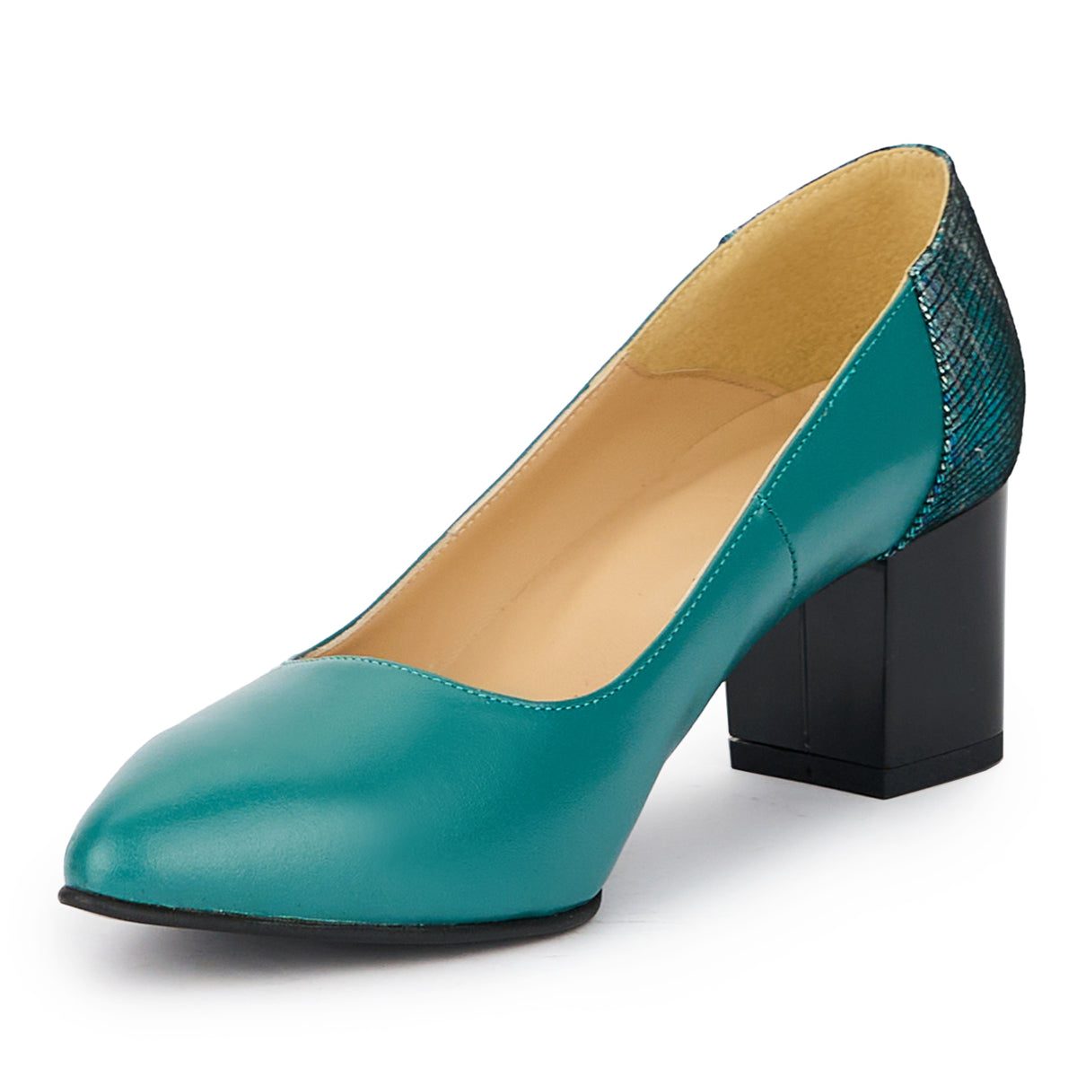 Pantofi dama din piele naturala turcoaz cu toc gros 6 cm 15263 ...
