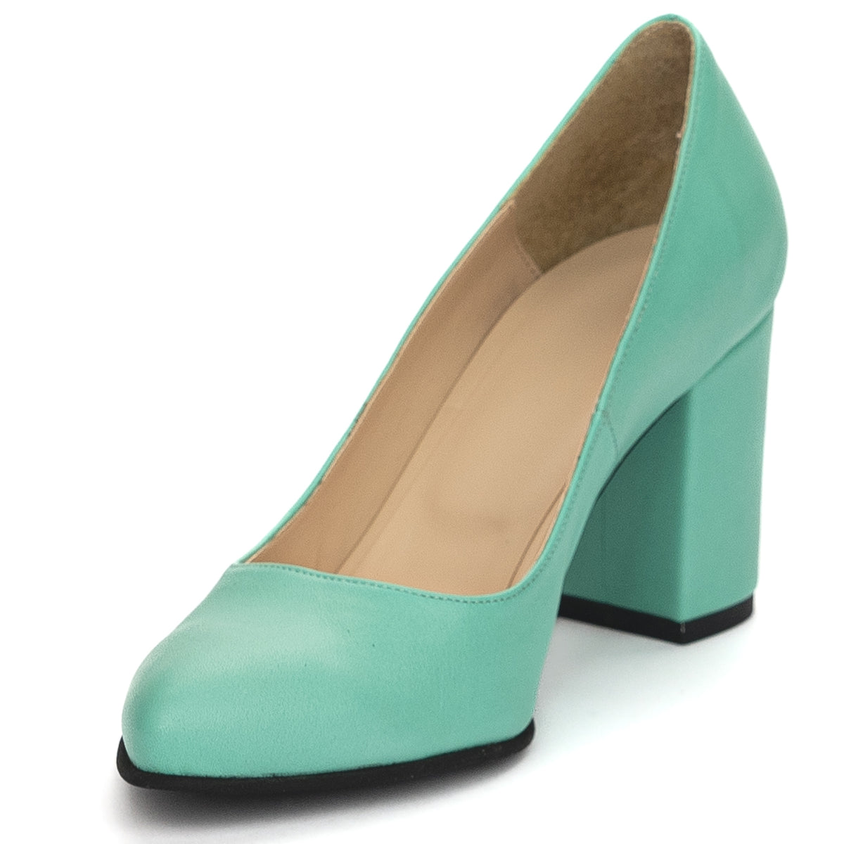 Pantofi dama din piele naturala turcoaz cu toc gros 7.5 cm 13844 ...