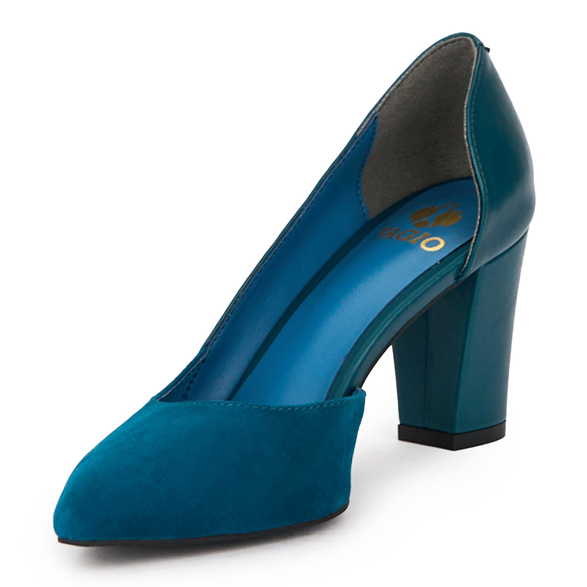 Pantofi dama din piele naturala turcoaz cu toc gros 8 cm 15358 ...