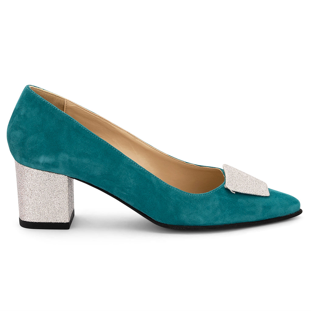 Pantofi dama din piele naturala turcoaz cu toc gros de 6 cm 14121 ...