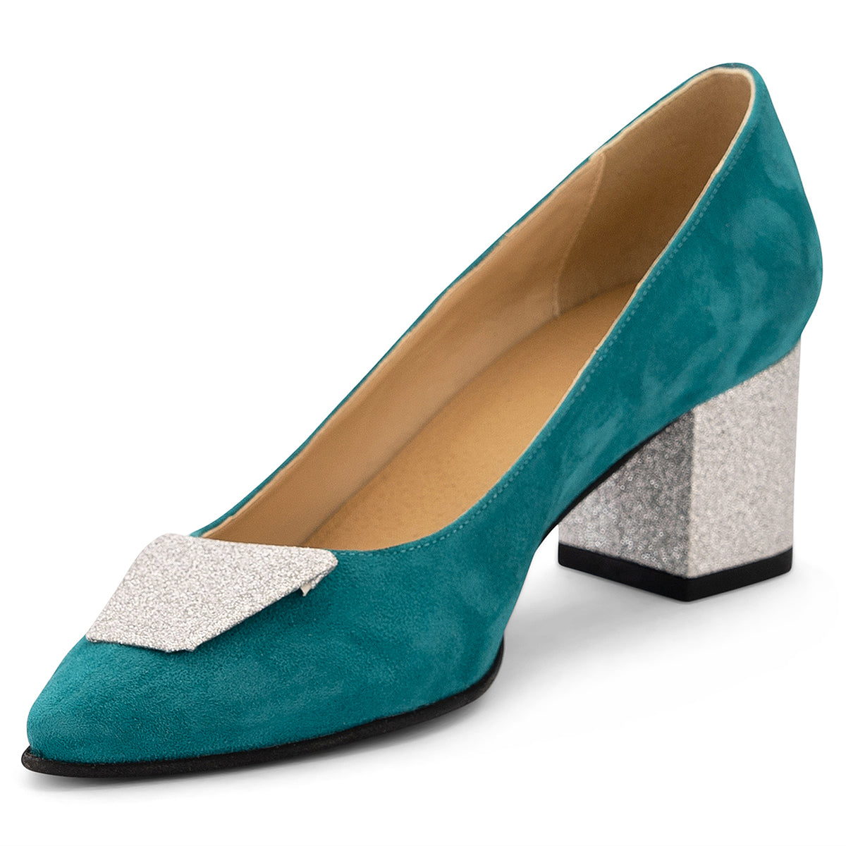 Pantofi dama din piele naturala turcoaz cu toc gros de 6 cm 14121 ...