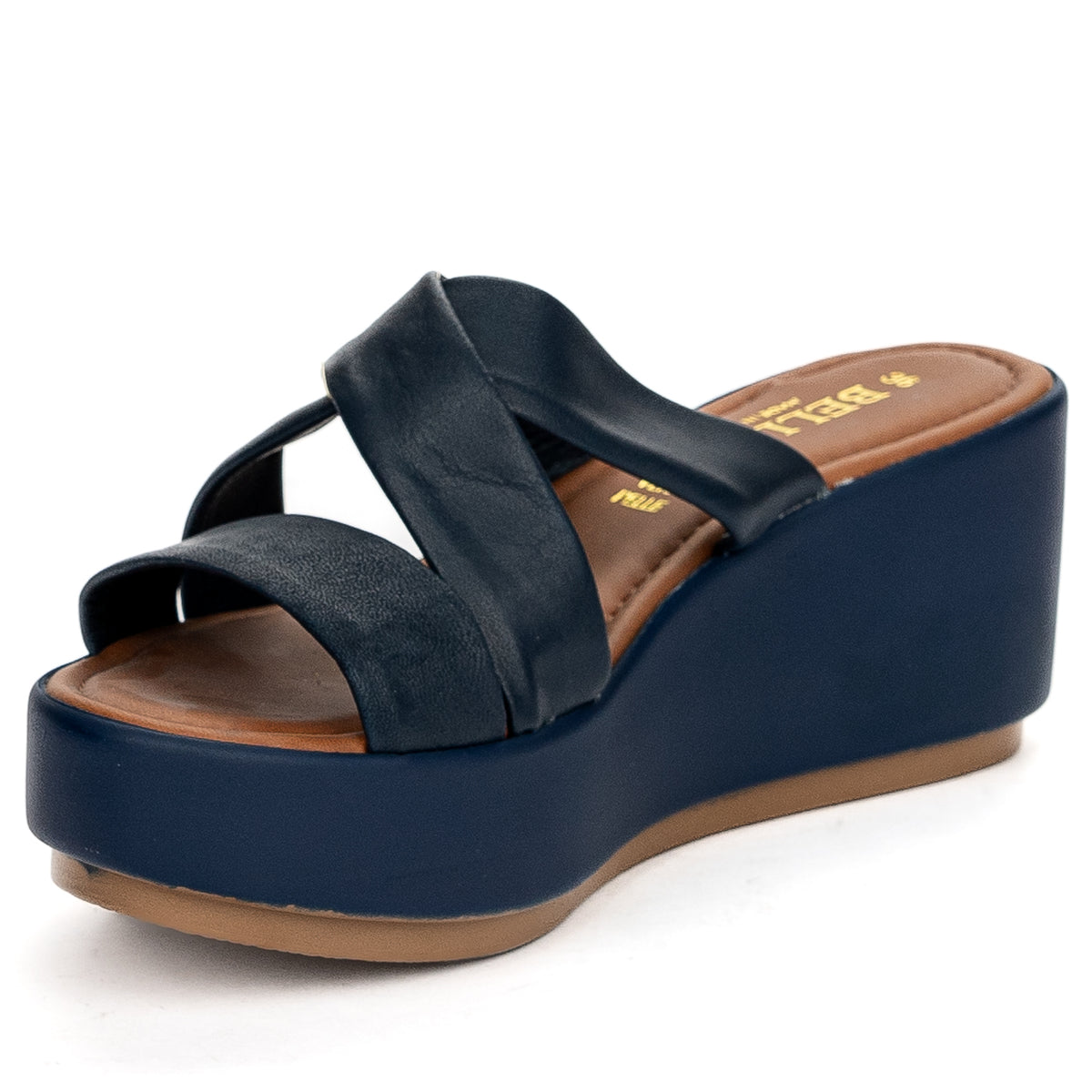 Papuc dama din piele naturala bleumarin cu talpa inalta 13730 ...