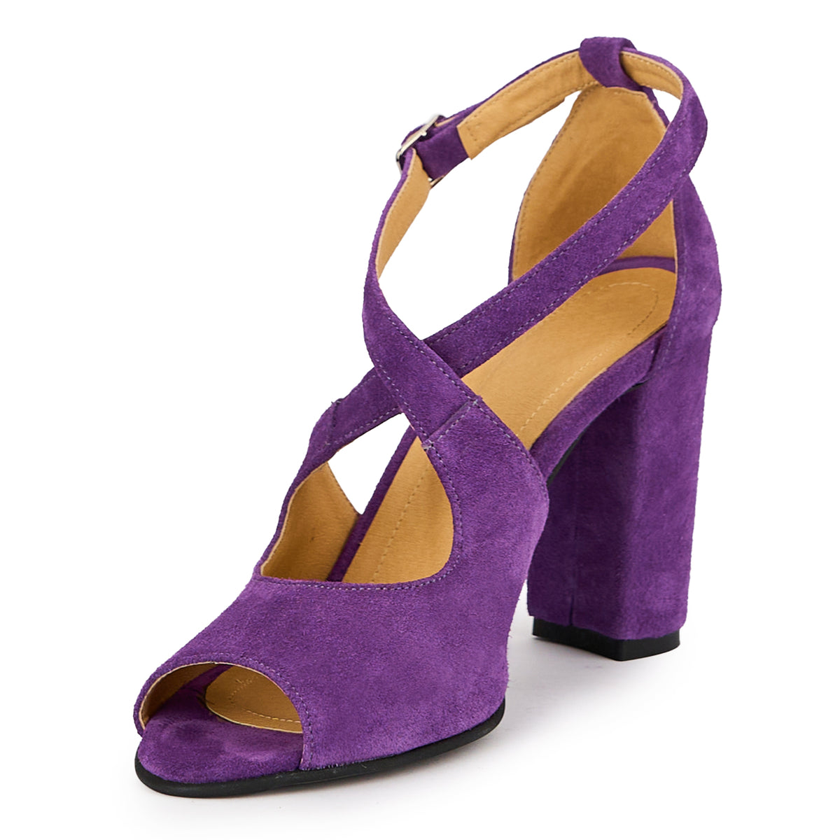 Sandale dama din piele naturala mov cu toc gros 9.5 cm 15215 ...